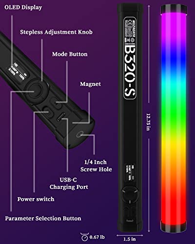 MUZAGATA LED Light Wand Photography 1200 Lux, 2500K-9900K RGB Tube Light CRI＞95, Handheld Photography Light Bar Built in 5200mAh Battery with OLED Display, Light Painting Photography Tools