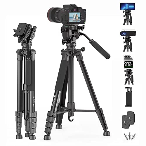 Smvchen 74.8"Camera Tripod with Fluid Head Phone Clip 2 Quick Release Plate 3 Metal Feet for DSLR Camera Video Camera Panoramic Camera Sports Camera Projectors Telescopes and Iphone14 Max Load 11 Lbs