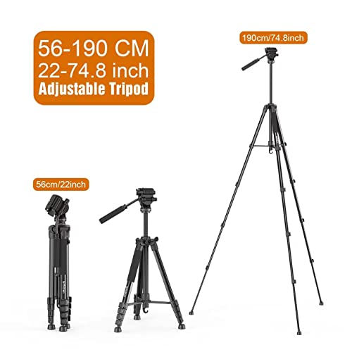 Smvchen 74.8"Camera Tripod with Fluid Head Phone Clip 2 Quick Release Plate 3 Metal Feet for DSLR Camera Video Camera Panoramic Camera Sports Camera Projectors Telescopes and Iphone14 Max Load 11 Lbs