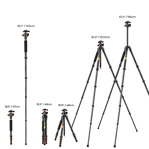 K&F Concept 62-inch Carbon Fiber Camera Tripod,Portable Compact Tripods with Detachable Monopod,360° Metal Ball Head 15KG/33lbs Load Capacity with Quick Release Plate for Travel and Work A255C2+BH-35L