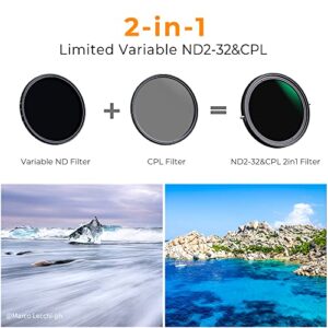 K&F Concept 77mm Variable Fader ND2-ND32 ND Filter and CPL Circular Polarizing Filter 2 in 1 for Camera Lens No X Spot Waterproof Scratch Resistant (Nano-X Series)