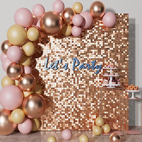 COKAOBE Rose Gold Shimmer Wall Backdrop 24PCS Gold Sequins Backdrop Decoration Panels, Photo Backdrops for Birthday, Anniversary Wedding Engagement Decoration (Rose Gold)