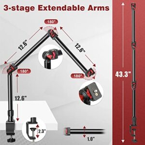 VIVEMCE Overhead Camera Mount Desk Stand,Adjustable 3-Section Camera Desk Mount with 1/4“ 3/8" 5/8" Screws,C-clamp Tabletop Mount for Camera, Microphone, Phone, Webcam