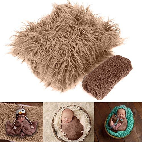 Newborn Photography Props Outfits Baby Photo Props Fluffy Blanket Ripple Wrap 2Pcs Costume Set Photoshoot Mat DIY Swaddle for Baby Boys Girls - Khaki