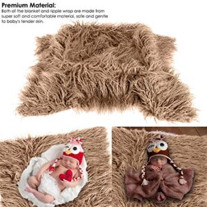 Newborn Photography Props Outfits Baby Photo Props Fluffy Blanket Ripple Wrap 2Pcs Costume Set Photoshoot Mat DIY Swaddle for Baby Boys Girls - Khaki