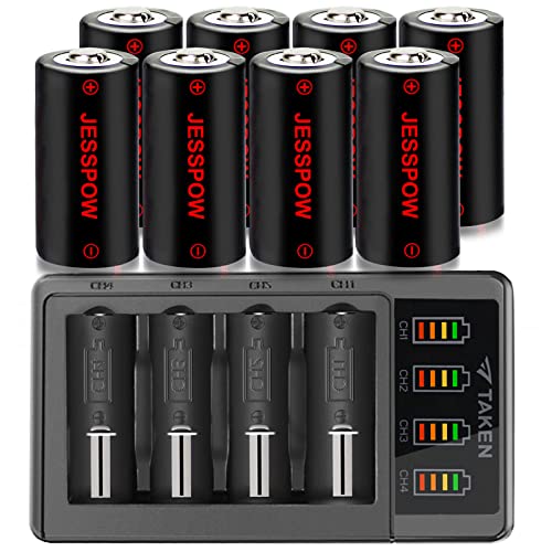 JESSPOW CR123A Rechargeable Batteries 8 Pack with Charger, RCR123A Lithium Batteries [ 750mAh 3.7V ] for Arlo Cameras (VMC3030/VMK3200/VMS3330/3430/3530), Flashlight