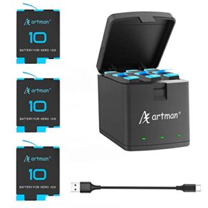 artman hero 11/10 battery 3-pack and 3-channel hero 11/10/9 battery charger for gopro hero 9/10/11 black,compatible with gopro hero 11/10/9 battery and charger