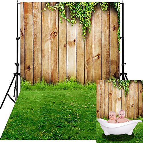 iProtech 5x7ft Vinyl Brown Wood with Green Grass Floor Photography Backdrop, Newborn Baby Shower Photographer Background Cloths, Kids 1st Birthday Photoshoot, Cake Smash Photo Booth Props(Brown Wood)