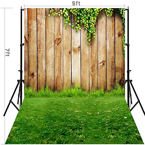 iProtech 5x7ft Vinyl Brown Wood with Green Grass Floor Photography Backdrop, Newborn Baby Shower Photographer Background Cloths, Kids 1st Birthday Photoshoot, Cake Smash Photo Booth Props(Brown Wood)