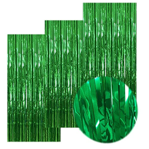 Green Foil Fringe Curtains, 3Packs 3.2ft x 8.2ft Green Streamers, Green Backdrop for Birthday Jungle Safari Tropical Themed Party Decorastions