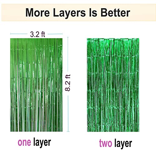 Green Foil Fringe Curtains, 3Packs 3.2ft x 8.2ft Green Streamers, Green Backdrop for Birthday Jungle Safari Tropical Themed Party Decorastions