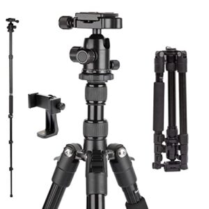 alwayside camera tripod with phone holder and bag, aluminum travel tripod for camera, dslr camema tripod, compact professional camera tripod monopod with 360 panorama ball head, 1/4 qr plate