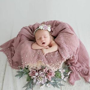 4 PCS Newborn Photography Props Wrap Knit Handmade Pearl Decor Wrap Blanket Swaddle Baby Photo Props Baby Photoshoot Props Prop 2PCS Newborn Photography Wraps + 2PCS Headband(Snow Powder/Purple Gray)