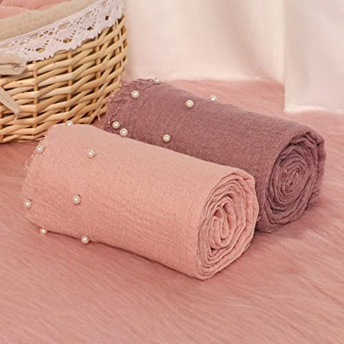 4 PCS Newborn Photography Props Wrap Knit Handmade Pearl Decor Wrap Blanket Swaddle Baby Photo Props Baby Photoshoot Props Prop 2PCS Newborn Photography Wraps + 2PCS Headband(Snow Powder/Purple Gray)