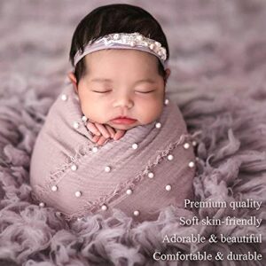 4 PCS Newborn Photography Props Wrap Knit Handmade Pearl Decor Wrap Blanket Swaddle Baby Photo Props Baby Photoshoot Props Prop 2PCS Newborn Photography Wraps + 2PCS Headband(Snow Powder/Purple Gray)