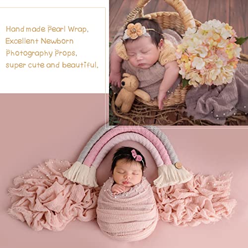 4 PCS Newborn Photography Props Wrap Knit Handmade Pearl Decor Wrap Blanket Swaddle Baby Photo Props Baby Photoshoot Props Prop 2PCS Newborn Photography Wraps + 2PCS Headband(Snow Powder/Purple Gray)