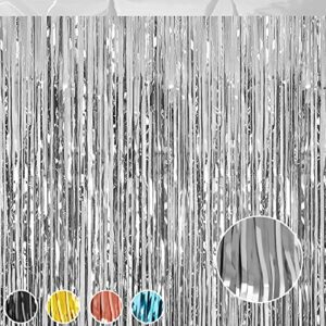 6 pack silver foil fringe curtains party backdrop, 3.28 x 8.2 ft metallic foil tinsel fringe backdrop door fringe for photo wedding birthday bridal showers graduation theme party decorations