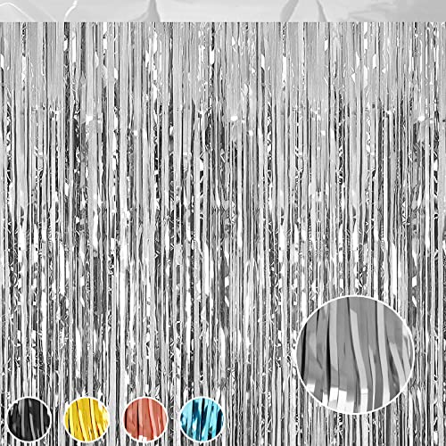 6 Pack Silver Foil Fringe Curtains Party Backdrop, 3.28 x 8.2 ft Metallic Foil Tinsel Fringe Backdrop Door Fringe for Photo Wedding Birthday Bridal Showers Graduation Theme Party Decorations