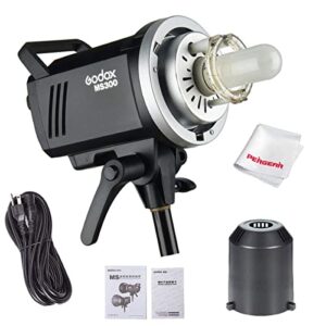 godox ms300 studio strobe 300ws 110v gn58 5600k bowens mount monolight, built-in godox 2.4g wireless system, 150w modeling lamp, outstanding output stability, anti-preflash, 1/32 to 1/1 steps output