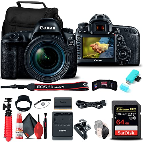 Canon EOS 5D Mark IV DSLR Camera with 24-70mm f/4L Lens (1483C018) + 64GB Memory Card + Card Reader + Case + Flex Tripod + Hand Strap + Cap Keeper + Memory Wallet + Cleaning Kit (Renewed)