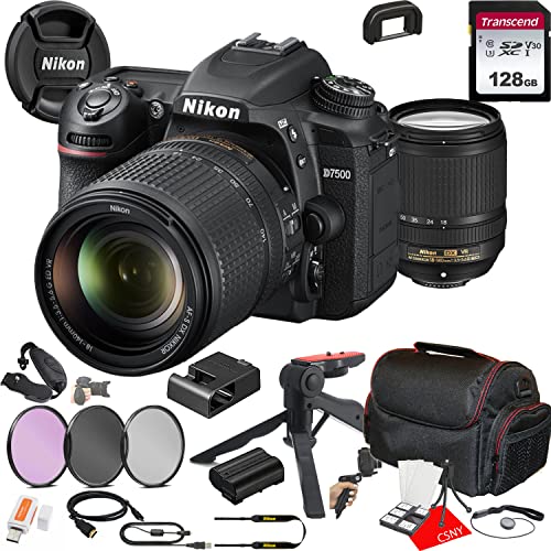 Nikon D7500 DSLR Camera Kit with 18-140mm VR Lens + 128GB Memory + Case + Filters + Tripod + 3 Piece Filter Kit + More (24pc Bundle)