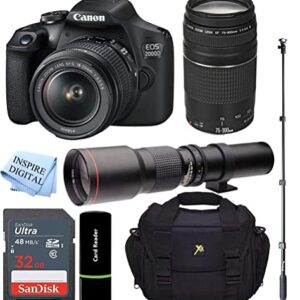 Inspire Digital Canon EOS Rebel 2000D DSLR Camera with 18-55mm is II Lens Bundle + Canon EF 75-300mm f/4-5.6 III Lens and 500mm Preset Lens + 32GB Memory + Monopod + Padded Case (Renewed)