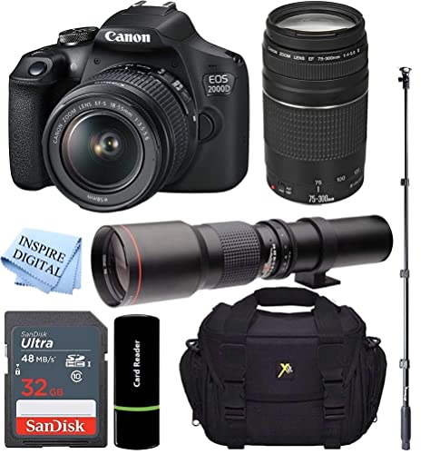 Inspire Digital Canon EOS Rebel 2000D DSLR Camera with 18-55mm is II Lens Bundle + Canon EF 75-300mm f/4-5.6 III Lens and 500mm Preset Lens + 32GB Memory + Monopod + Padded Case (Renewed)