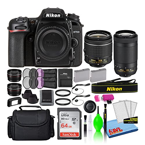 Nikon D7500 20.9MP DSLR Digital Camera with 18-55mm and 70-300mm Lenses (13543) Deluxe Bundle with 64GB SD Card + Large Camera Bag + Filter Kit + Spare Battery + Telephoto Lens (Renewed)