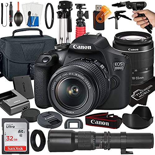 Canon EOS 2000D / Rebel T7 DSLR Camera with EF-S 18-55mm + 500mm Preset Manual Focus Lens + SanDisk 32GB Card + Tripod + Case + MegaAccessory Bundle (23pc Bundle) (Renewed), Black /Multicolor