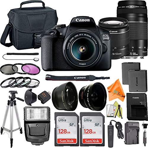 Canon EOS 2000D / Rebel T7 Digital SLR Camera 24.1MP with 18-55mm + 75-300mm Lens, ZeeTech Accessory Bundle, 2 Pack SanDisk 128GB Memory Card, Telephoto + Wideangle Lenses, Flash, Case (Renewed)