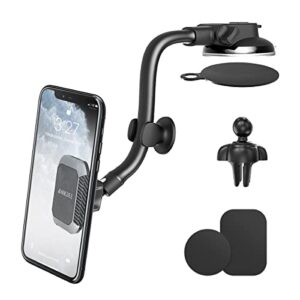 car phone holder mount with suction cup for windshield/dashboard/air vent, one hand operation anti-shake magnetic cell phone holder with spacer, gooseneck long arm sturdy phone mount for all phones