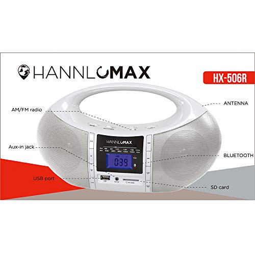 HANNLOMAX HX-506R Portable AM/FM Radio, Bluetooth, USB/SD Slot for MP3 Playback, Aux-in, AC/DC Dual Power Source (White)