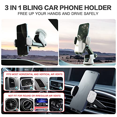 LOVYNO Bling Car Phone Holder, Bling Universal Phone Mount Holder, 360°Adjustable Bling Car Phone Mount, Bling Crystal Car Phone Holder for Car Air Vent Dashboard Windshield (White)