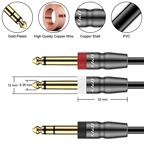 J&D 1/4 inch TRS Cable, Copper Shell 6.35mm 1/4 inch TRS Male to Dual 6.35mm 1/4 inch TS Male Stereo Y Splitter Insert Cable, Gold Plated Mono Breakout Cable Audio Cord, 15 Feet