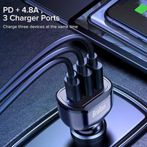 USB C Car Charger,Bralon 44W(20W PD 3.0 & Dual USB-A 24W/4.8A) Rapid Car Charger Adapter Compatible with Phone 12/12 Pro(Max)/12 mini/11/11 Pro(Max)/XS/XR/X/8/7,Galaxy Note S10 S9 S8 S7 & More