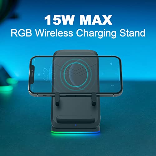 RGB Wireless Phone Charger, 15W Fast Charging Stand Qi Charger Pad for iPhone 14/13/SE/12/11/X/XR/8/Pro Max/Plus/Mini, Samsung Galaxy S22/S21+/S20/S10/Z Flip/Z Fold/Ultra/Note/FE/PC Gaming Setup