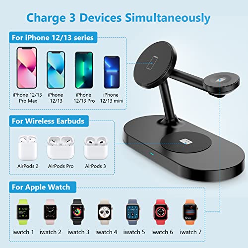 3 in 1 Magnetic Wireless Charger, 15W Fast Mag-Safe Charging Station for iPhone 14/13, 14/13 Pro, 14/123 Pro Max, 14/13 Mini, iWatch SE/7/6/5/4/3/2, Airpods 3/2/Pro (20W PD Adapter Included)