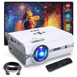 mini projectorwith 100″ screen, hompow portable projector, native 720p outdoor movie projector 7500lux, home theater projector compatible with hdmi vga usb tf av for home