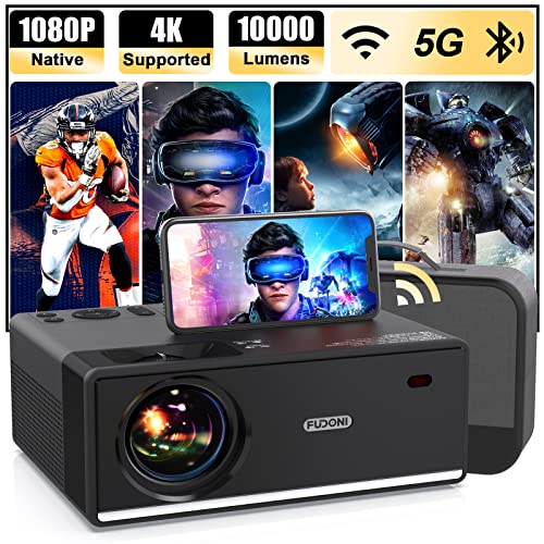 Projector with 120“ Projector Screen, Projector with WiFi and Bluetooth, Outdoor Projector with Portable Projector Screen, FUDONI Movie Projector Compatible w/iOS/Android/Win/PS5, Black