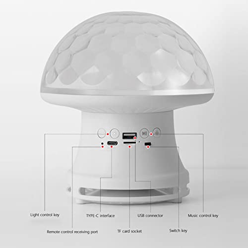 Mushroom Projector Light Lamp, Colorful Lights Stars Night Light Projector with Remote Control & Bluetooth Speaker, Bluetooth 5.0 Compatible with TFCard & USB Flash Drive (White)