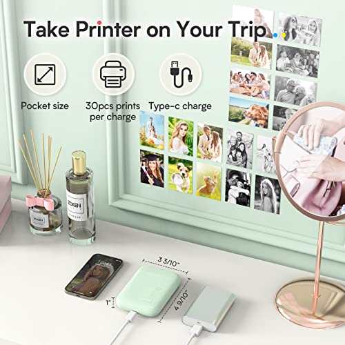 Liene Photo Printer, 2x3” Mini Portable Instant Photo Printer Bundle w/ 50 Zink Adhesive Paper, Bluetooth 5.0, Compatible w/iOS & Android, Small Picture Printer for iPhone, Smartphone, Green