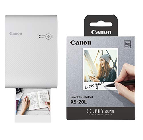 Canon SELPHY QX10 Compact Square Photo Printer, White with Canon Color Ink/Label Set XS-20L (20 Sheets), Compatible to Canon SELPHY Square Printer