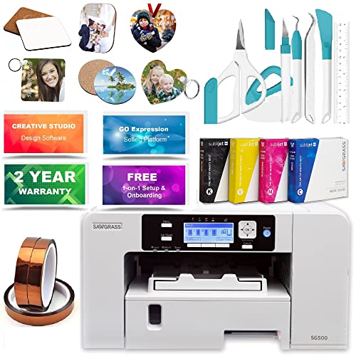 Sawgrass SG500 Printer (Starter Package) Bundle with UHD Inks, 220 Sheets Sublimax Paper, 3 Tapes, 10 Sublimation Blanks, 7-Piece Craft Tool Set, White