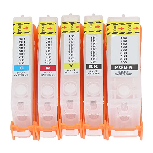 FTVOGUE 5Pcs Ink Cartridge PGBK BK C M Y Smoothly Operation Reusable Printer Ink Cartridge with Permanent Chip (580-581)