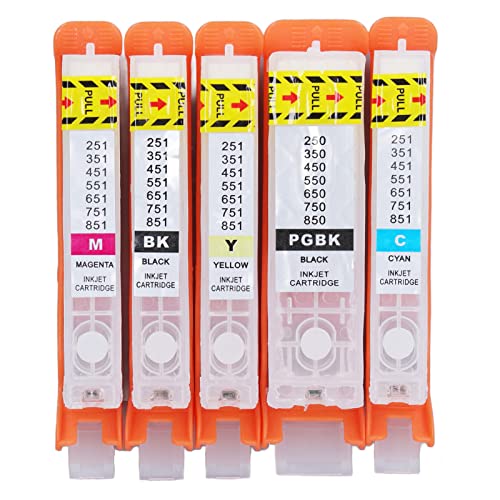 FTVOGUE 5Pcs Ink Cartridge Reusable Smoothly Ink Output PGBK BK C M Y Printer Cartridge for Test Papers Documents (250-251)