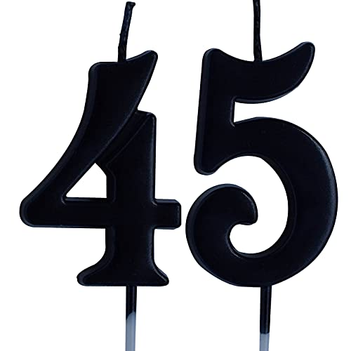 Black 45th Birthday Candle, Number 45 Years Old Candles Cake Topper, Woman Or Man Party Decorations, Supplies