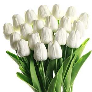 sojiruspa white tulips artificial flowers 20 pcs fake faux tulips pu real touch tulips fake flowers for home office wedding decor arrangement bouquet faux flowers for decoration