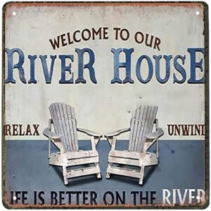 xiddxu retro metal aluminium tin sign lake house metal sign, river house sign, outside decor, lake house decor, housewarming gift, lake house artwall poster plaque 12×12 inch