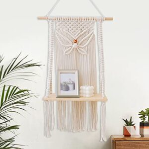 bigebo macrame wall hanging shelf, handmade hanging shelves floating wood shelve butterfly wall decor for bedroom living room boho bathroom decor plants (white)