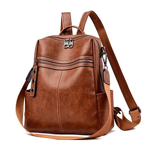 Leather Womens Backpack Purse for Women, Ladies Convertible Cute Purse Backpack and Handbags Shoulder Bag Bookbag Satchel for Travel, Anti-Theft Multi Pockets Fashion Designer Rucksack (Medium, Brown)